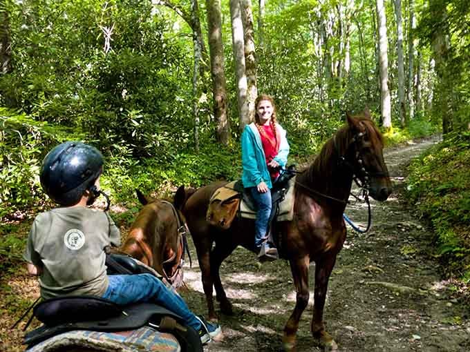 Trail conversations happen naturally when you're both figuring out this whole horseback riding thing together at once.