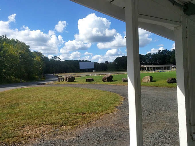 From the pavilion's edge, that massive screen rises against puffy clouds like a monument to analog joy.
