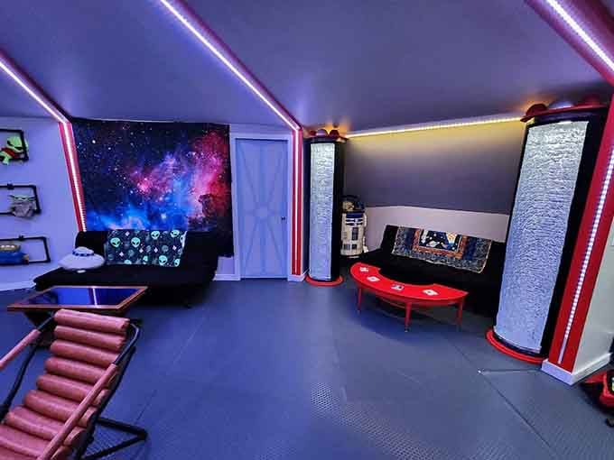 Those neon accents and cosmic vibes transform a simple room into an intergalactic command center worth exploring.