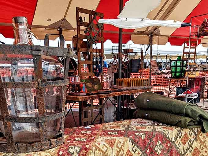 Under the red canopy, vintage finds bask in the sunshine like retirees in Florida, each with stories to tell.