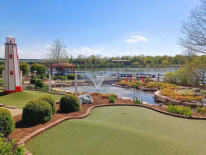 Miniature golf by the river where losing is actually winning because you're outside enjoying this view.