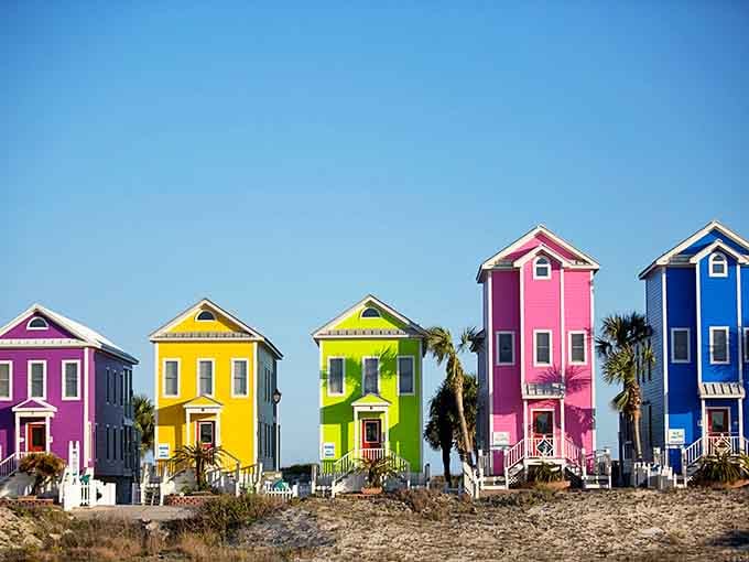 Beach houses painted like a box of crayons exploded in the best possible way.