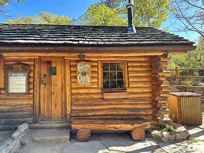 The log cabin changing room has more rustic charm than a Hallmark movie set, minus the predictable romance subplot.
