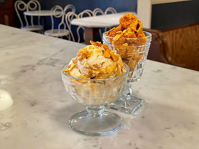 Honeycomb ice cream in vintage glassware: proof that elegance and indulgence make perfect partners.