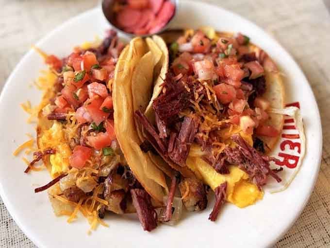 Breakfast tacos loaded with corned beef prove that fusion cuisine existed long before it became a trendy buzzword.
