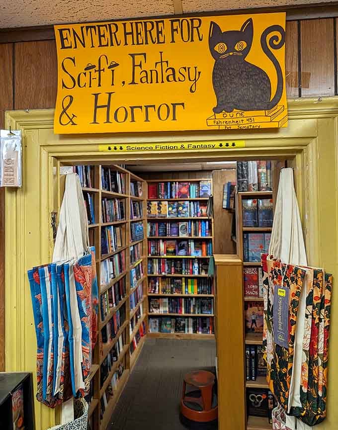 That black cat knows what's up: sci-fi, fantasy, and horror await beyond this cheerful threshold.