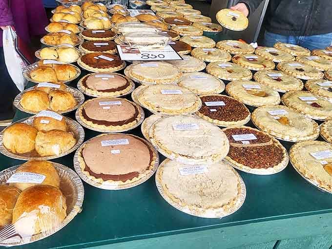 Rows of homemade pies stretching into infinity, each one a potential life-changing decision you'll happily make.