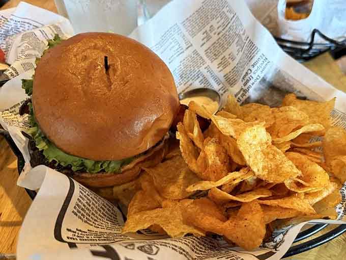 That burger sits there like it knows exactly how good it is, perfectly golden and ready to make your taste buds very happy.