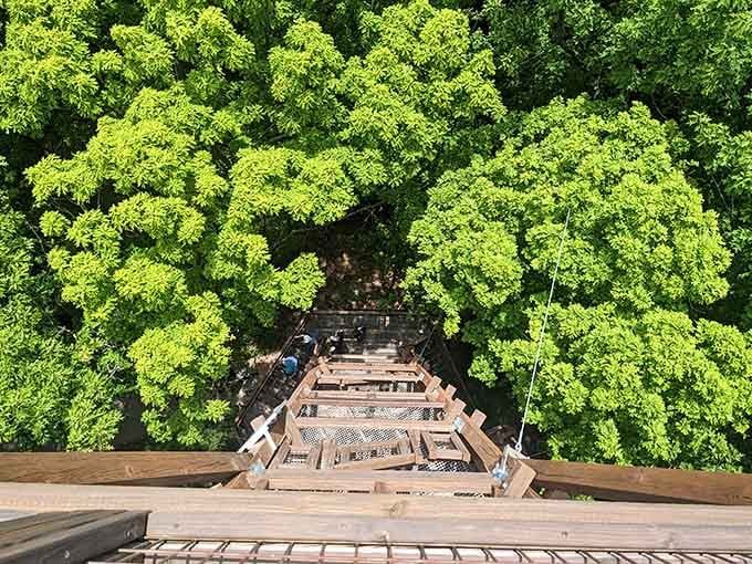 Looking down from the tower like you're Google Earth, except your feet are actually here.