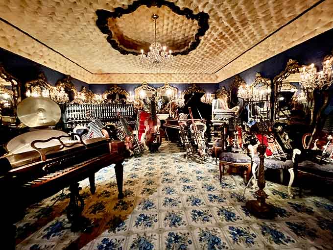 An entire orchestra of automated instruments fills this room, ready to play concerts without a single musician in sight.