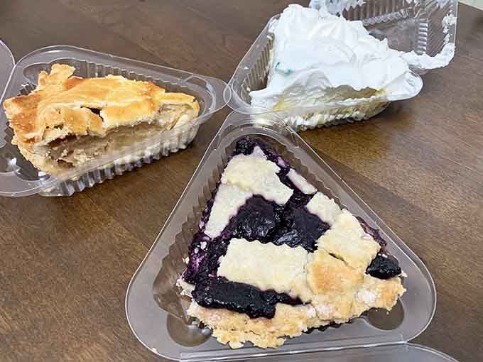 Three perfect slices showcase the variety: apple, blueberry, and cream pies ready for their closeup.