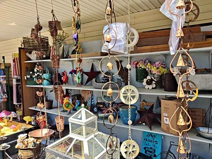 Wind chimes and rustic treasures dangle overhead like a country store's greatest hits album come to life.