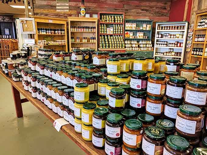 Rows of homemade jams and preserves line the shelves like sweet, spreadable memories waiting to happen.