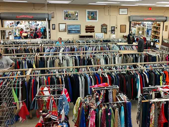 Rows of clothing stretch into the distance like a fabric rainbow that forgot where it was supposed to end.