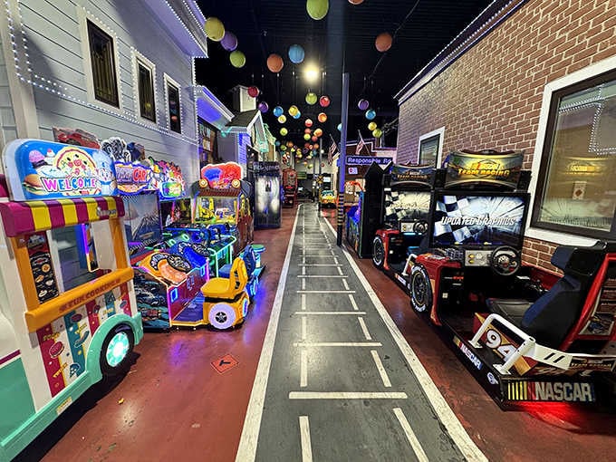 Arcade games provide a breather between driving sessions, because even miniature motorists need pit stops for fun.