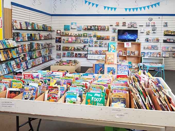 Colorful bins overflow with children's treasures, turning young browsers into lifelong book lovers one story at a time.