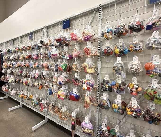 Bagged toys hang like colorful pi&ntilde;atas, each one a mystery grab bag of childhood nostalgia and possibilities.