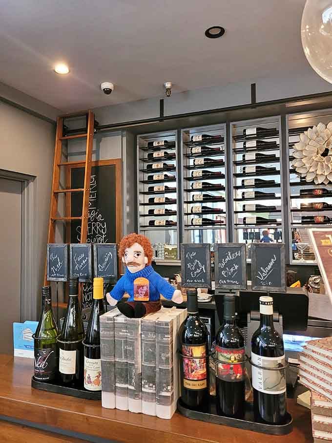 A ladder to literary heaven and wines displayed like the treasures they are, complete with chalkboard charm.