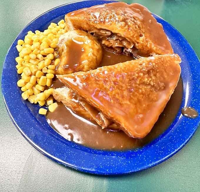 The Blue Plate Special: open-faced roast beef drowning in gravy with real mashed potatoes that'll fix everything.