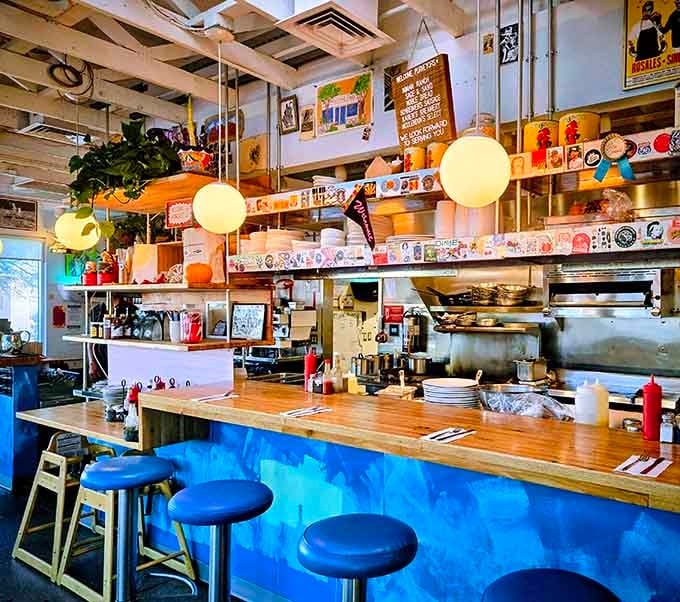 That blue watercolor counter is giving serious artistic vibes while you wait for your order to arrive.