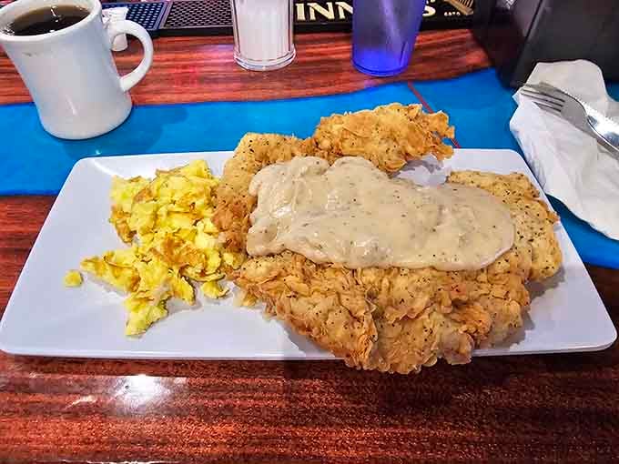 When your tenderloin comes with country gravy and scrambled eggs, you know breakfast just got seriously ambitious.