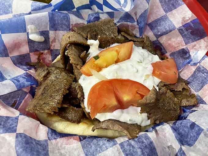 Behold the gyro in its natural habitat: crispy meat, fresh tomatoes, tzatziki sauce, all wrapped in warm pita perfection.