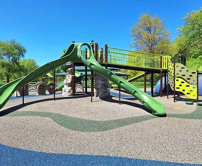 Multiple slides at different heights mean nobody waits on the sidelines while others have all the fun.