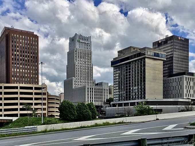 Akron's modern skyline under dramatic clouds looks like something from a movie where the underdog city becomes the unexpected hero of the story.