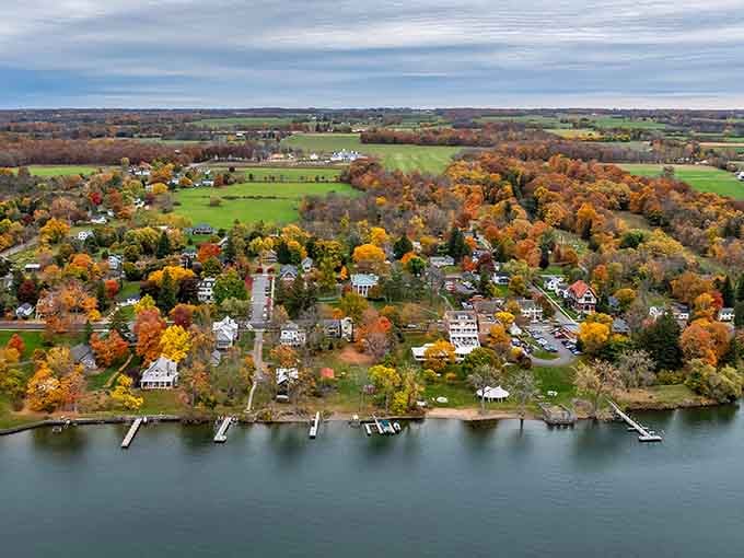 Fall foliage meets lakeside living in this aerial view that belongs on a jigsaw puzzle box.
