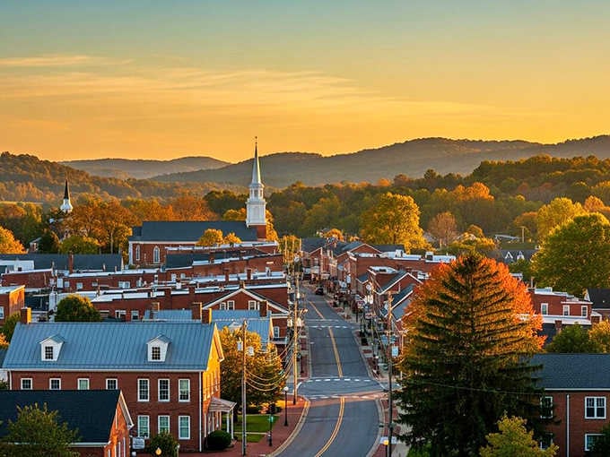 Golden hour transforms this Main Street into a Norman Rockwell painting, complete with church steeples and autumn trees.