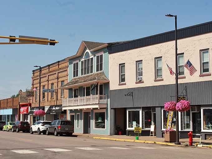 Mixed architectural styles along this main street reveal layers of history, each building adding its own character to the story.