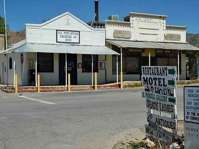 The old post office and general store stand ready to serve visitors in this authentic frontier settlement.