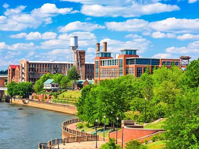 Where industrial heritage meets riverside beauty, old mill buildings stand proud along the rushing Chattahoochee.