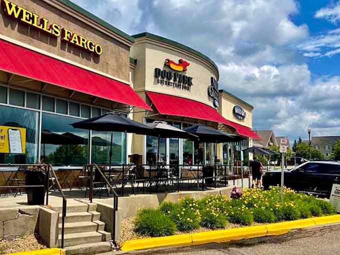 The cheerful outdoor patio and modern design prove gourmet hot dogs deserve a stylish home they can call their own.