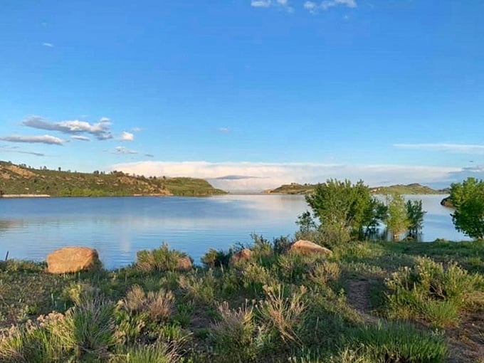 Soft light fills the sky while sagebrush frames water so calm it reflects every cloud floating above.