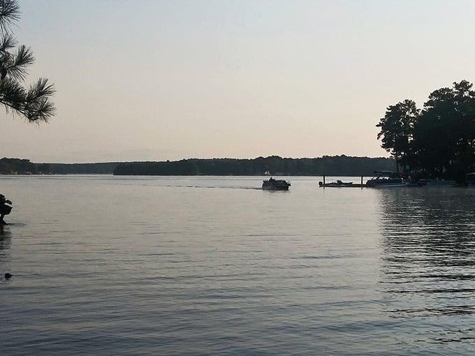 A pontoon boat glides past in the soft evening light, heading home after a perfect day on the water.
