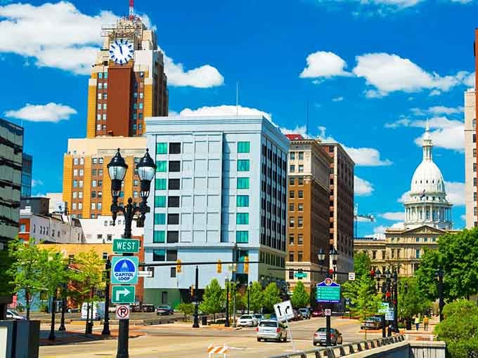 The Capitol dome gleams in the distance while downtown Lansing buzzes with the energy of Michigan's government heart.