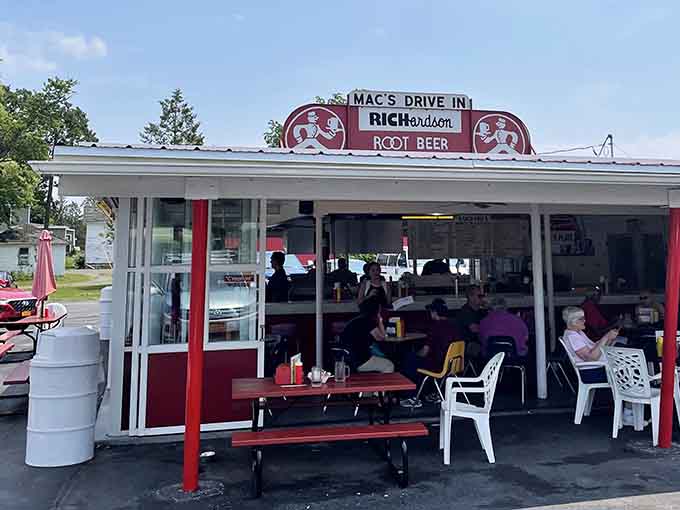 That vintage root beer sign up top promises the perfect pairing for your hot dog on a sunny day.