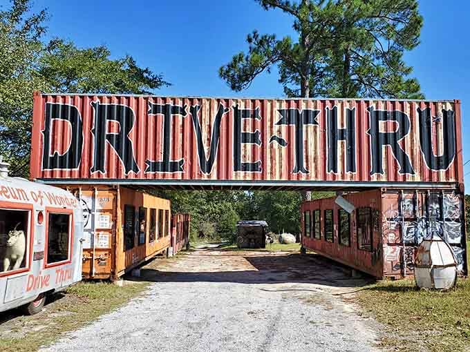 Bold letters announce this shipping container wonderland where art and oddities await your curious windshield tour.