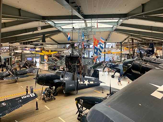 Rows of historic aircraft fill this massive hangar like the world's most impressive collection of flying machines.