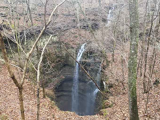 From above, this waterfall-fed sinkhole resembles a secret portal, framed perfectly by winter's bare branches and mystery.