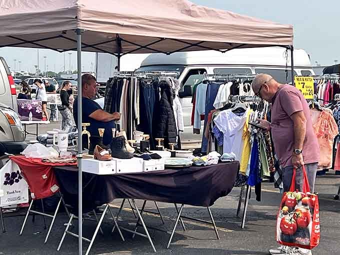 Under the canopy, vendors display their wares while shoppers browse carefully, hunting for that perfect unexpected treasure.