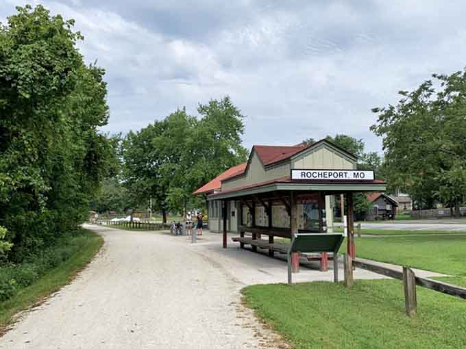 The Katy Trail shelter welcomes cyclists and wanderers to rest their legs and soak in riverside peace.