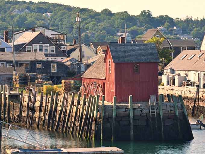 The iconic red fishing shack stands proud on weathered pilings, proving some things are worth painting a thousand times.