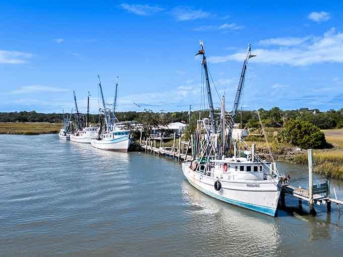 Working shrimp boats line the docks where generations have hauled in the ocean's bounty since time immemorial.