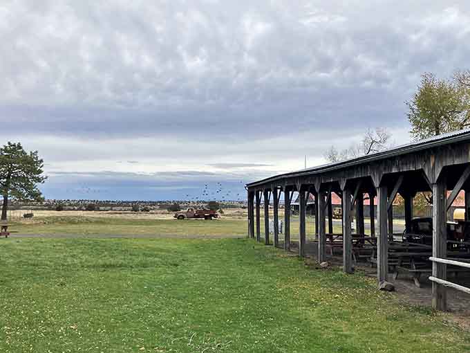 This weathered pavilion and open grassland evoke memories of county fairs and simpler times under big Western skies.