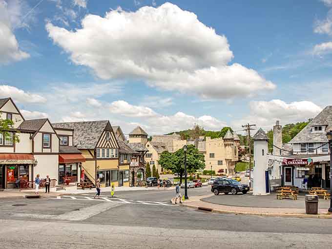 Tudor-style architecture creates a storybook village atmosphere that makes every visit feel like a mini vacation.