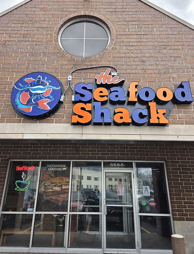 The playful shrimp logo and bright lettering make this brick building impossible to miss on your seafood quest.