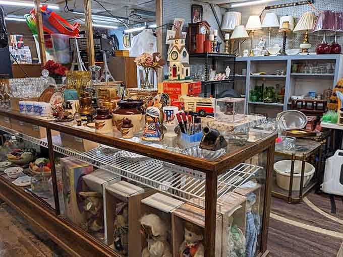 Vintage glassware and retro lamps create a nostalgic tableau that would make Antiques Roadshow experts reach for their wallets.