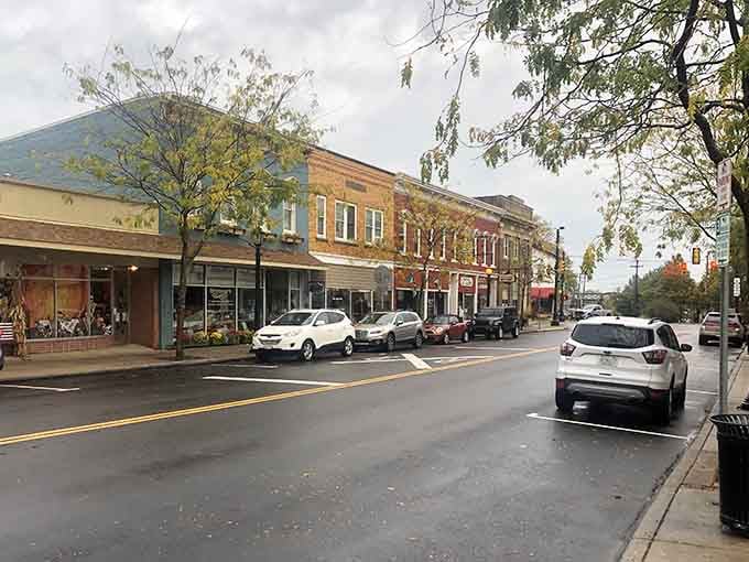 Brick buildings in autumn colors create a Main Street that Norman Rockwell would've loved to paint.